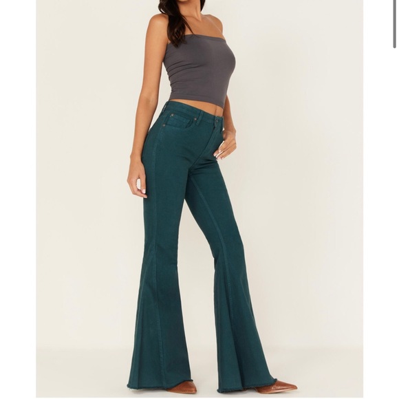 Jeans | Shyanne Womens Teal Green High Rise Fray Hem Super Flare Jeans ...